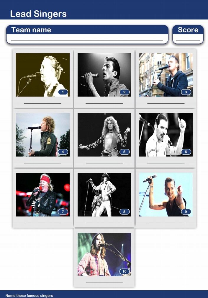 Lead Singers Picture Quizzes – Pub Quiz Questions